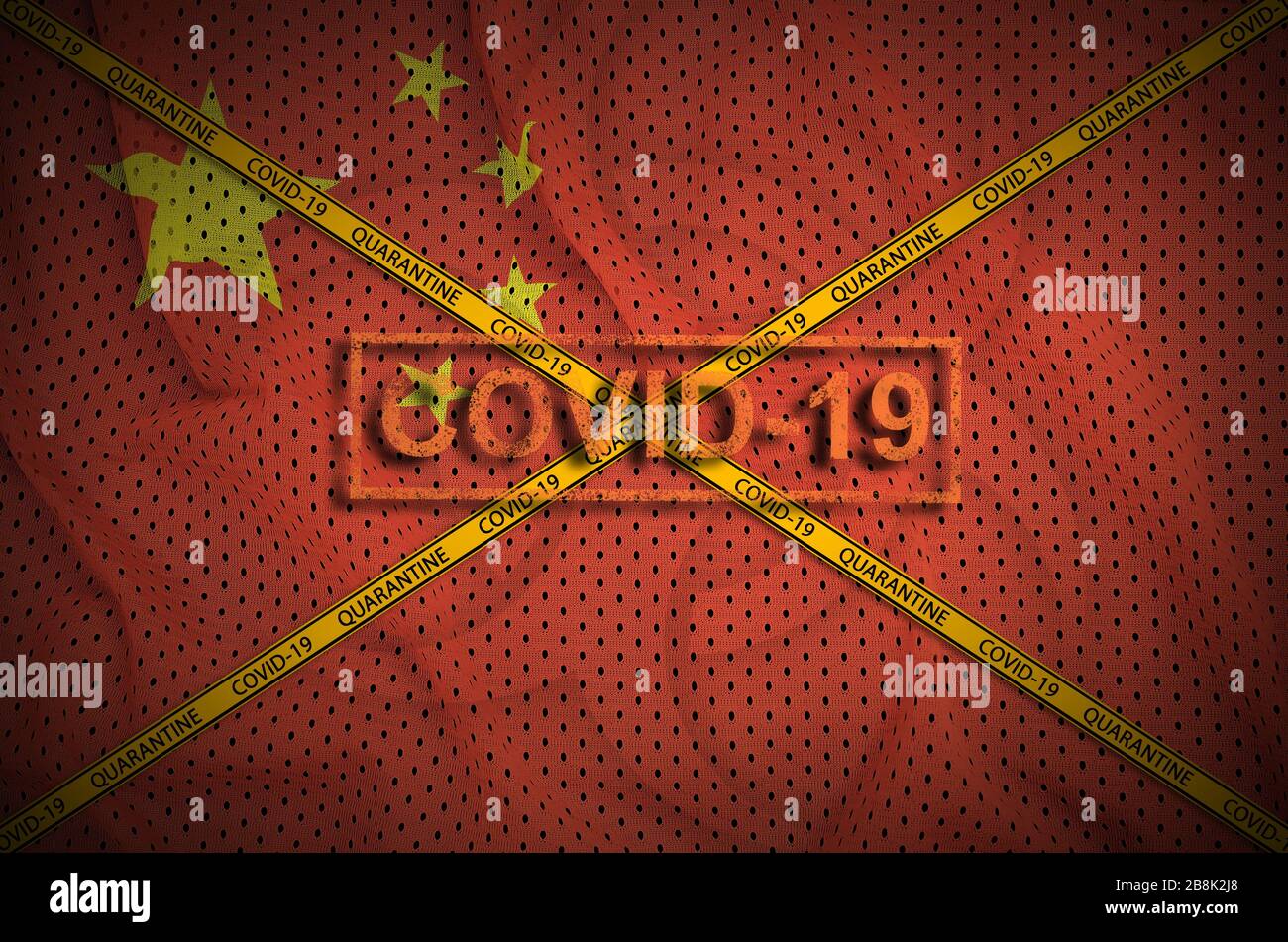 China flag and Covid-19 stamp with orange quarantine border tape cross ...