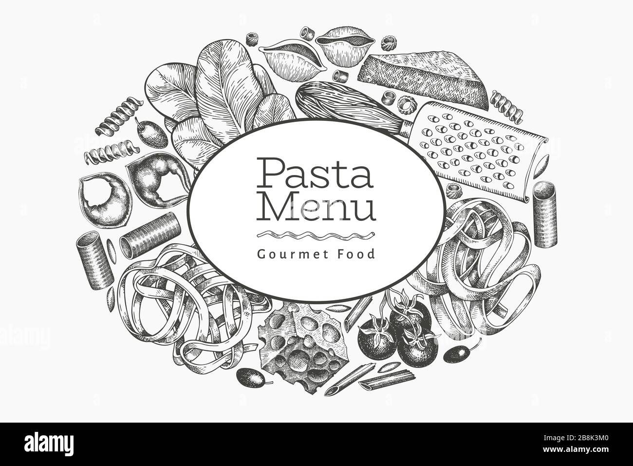 Italian pasta with addition design template. Hand drawn vector food ...