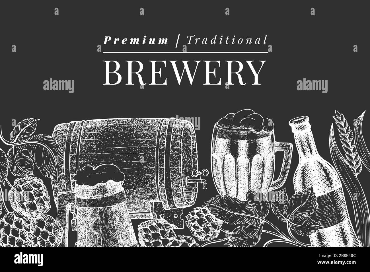 Beer glass mug and hop design template. Hand drawn vector pub beverage ...