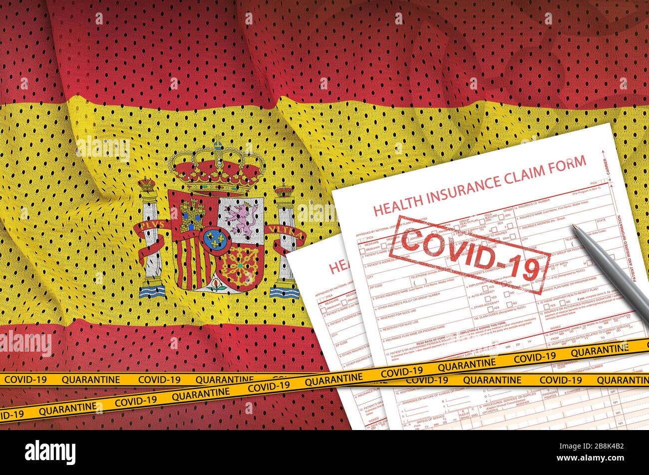 Spain flag and Health insurance claim form with covid-19 stamp ...
