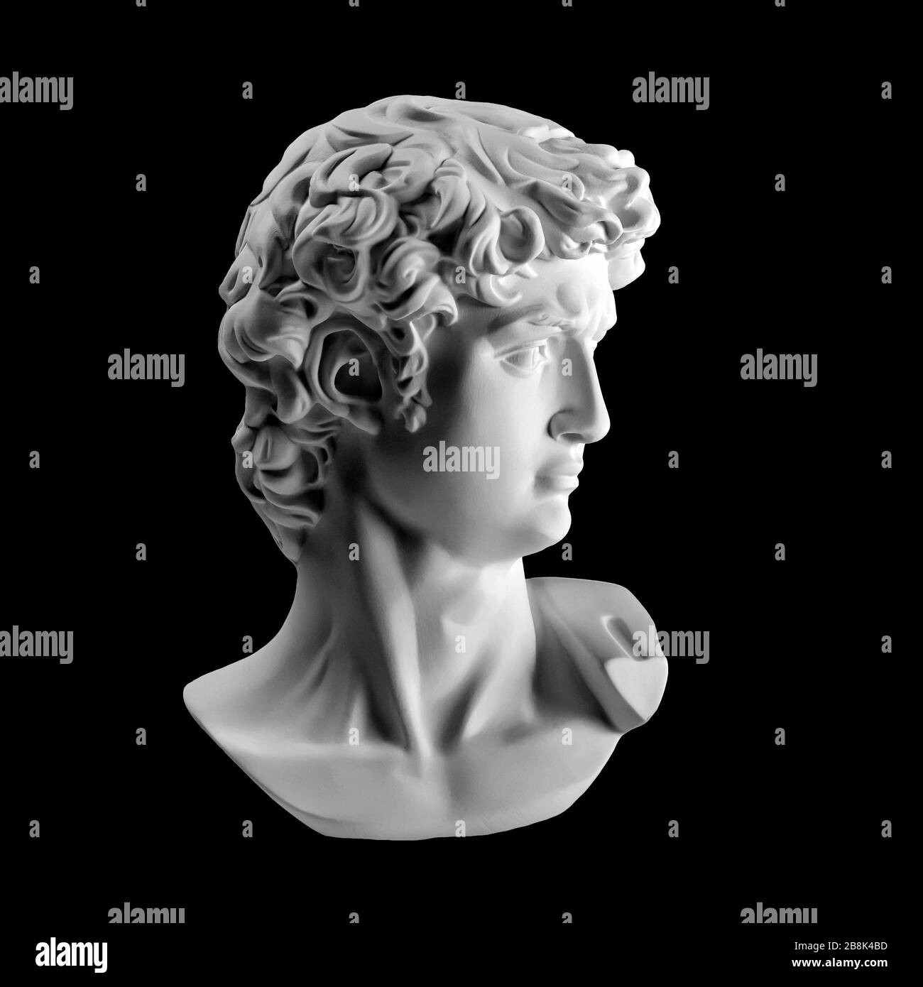 Gypsum statue of David's head. Michelangelo's David statue plaster copy isolated on black ...