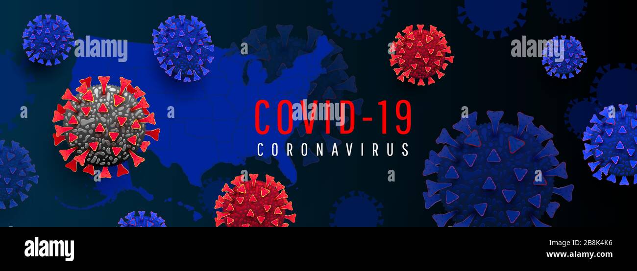 COVID-19 text. Horizontal template dark background with coronavirus ...