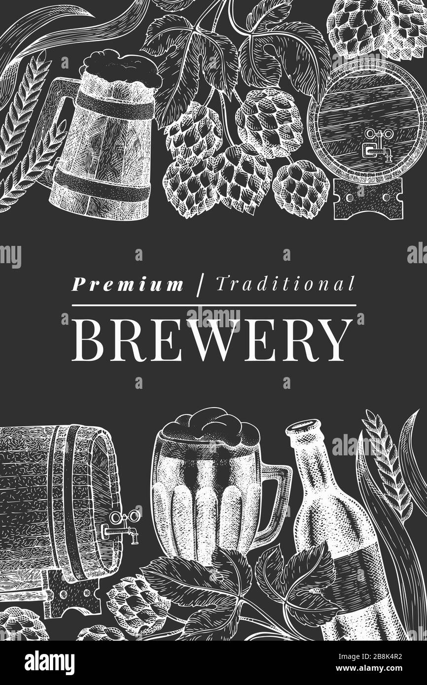 Beer glass mug and hop design template. Hand drawn vector pub beverage ...