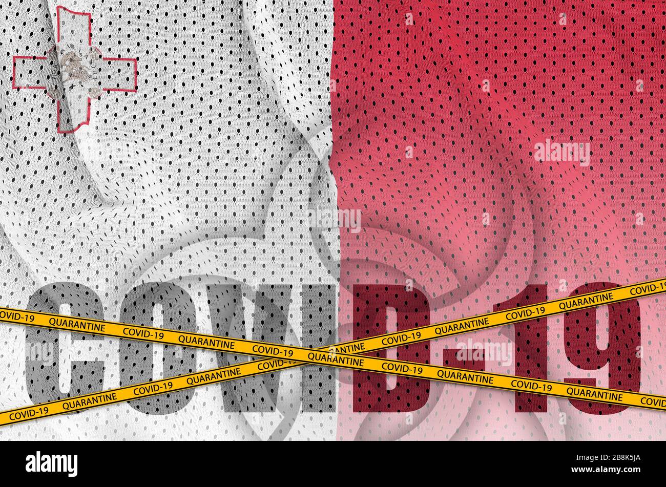 Malta flag and Covid-19 inscription with orange quarantine border tape ...