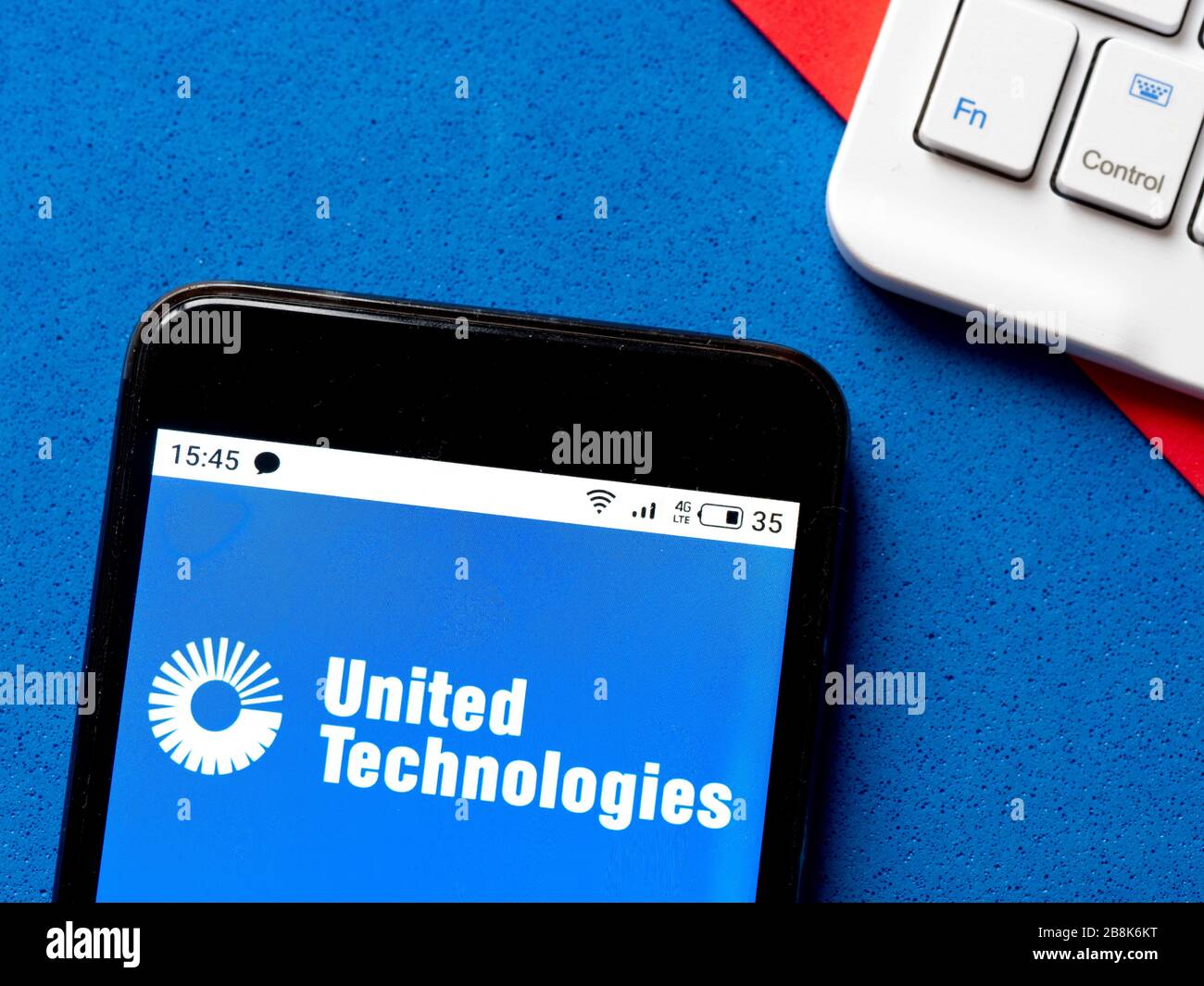 In this photo illustration United Technologies logo is seen displayed on a smartphone Stock ...