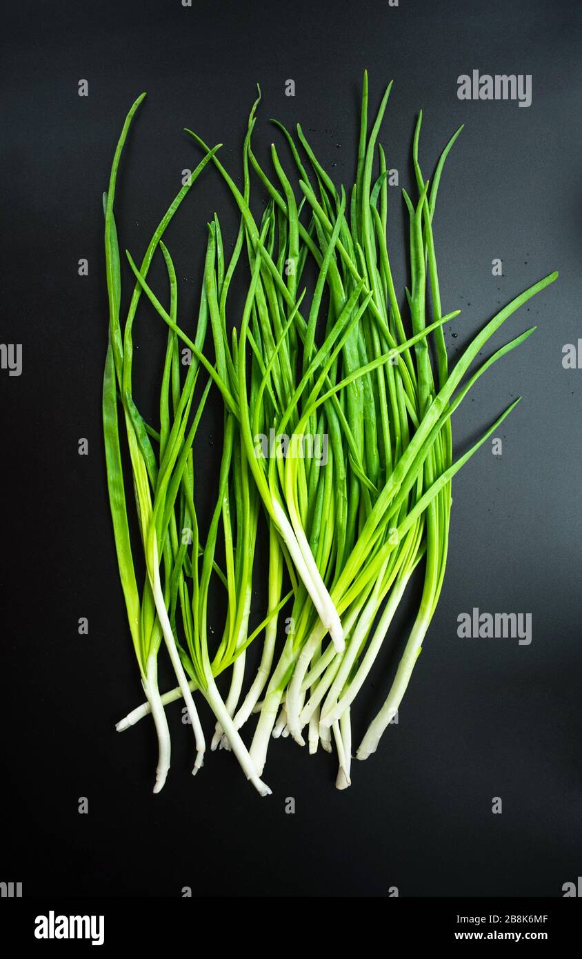 Green onion stalks isolated on black background. Top view Stock Photo ...