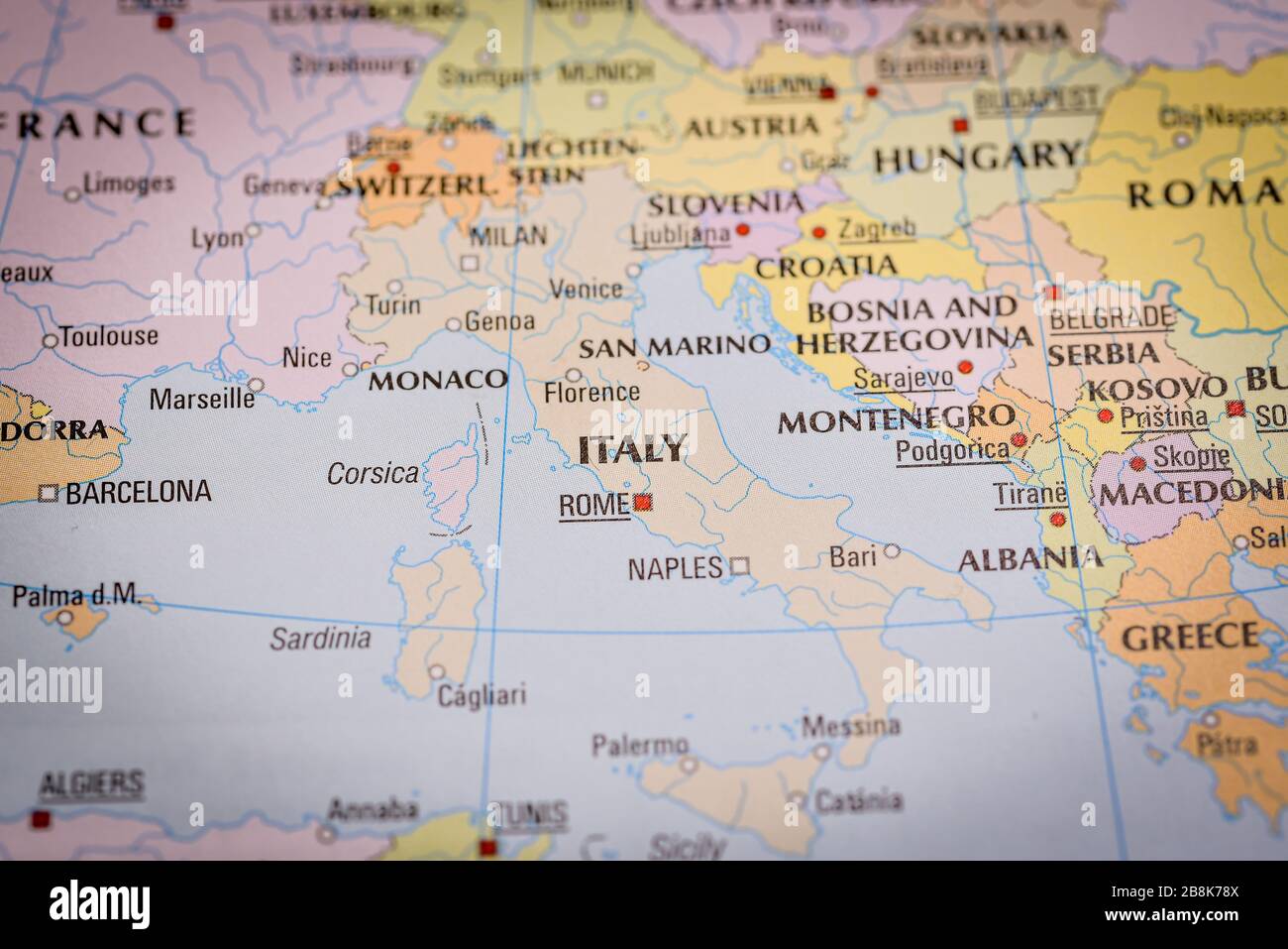 Italy in close up on the map. Focus on the name of country Stock Photo ...