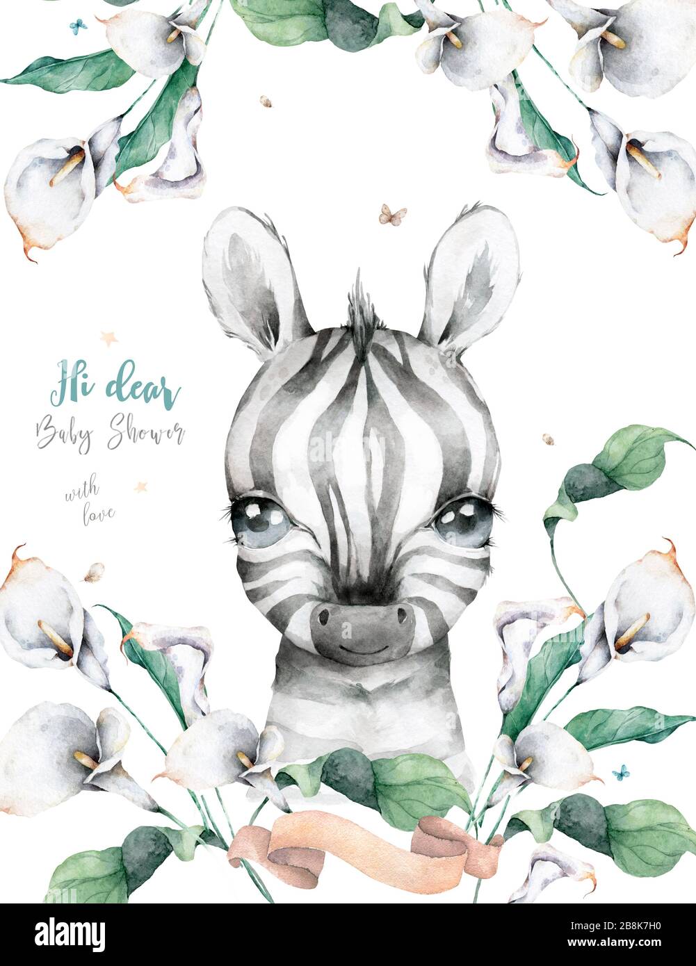 Watercolor cartoon cute baby Zebra with calla flowers frame background ...