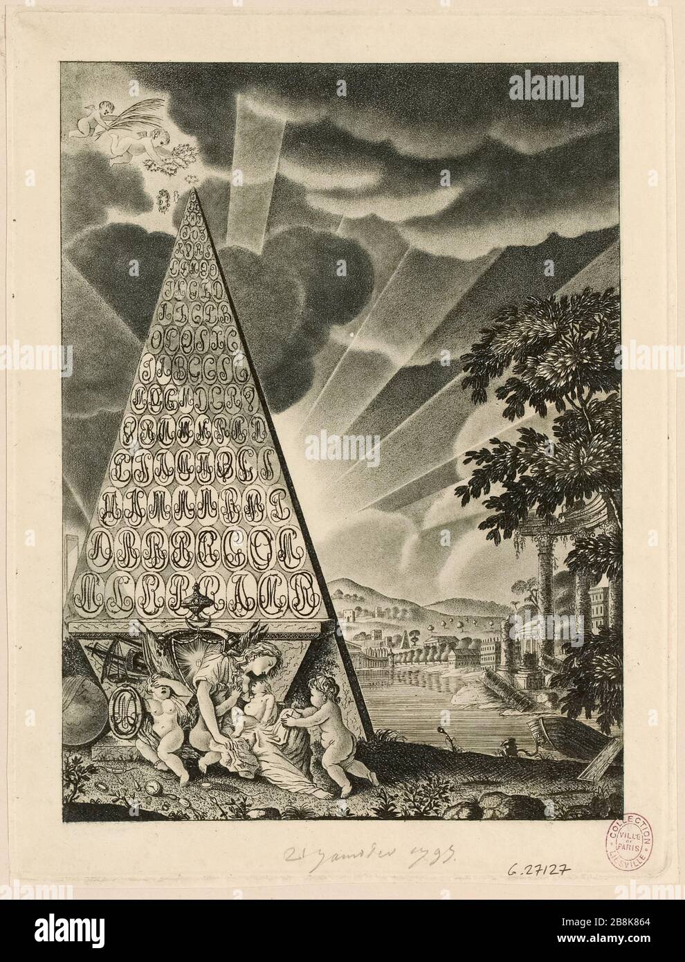 French Revolution. Allegory. Funerary monument, pyramid adorned with ...
