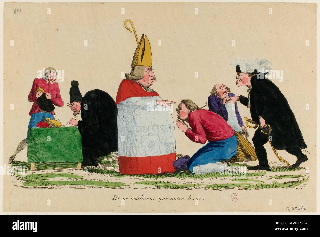 Caricature. Peasant blessed by a bishop, submitted by a noble and ...