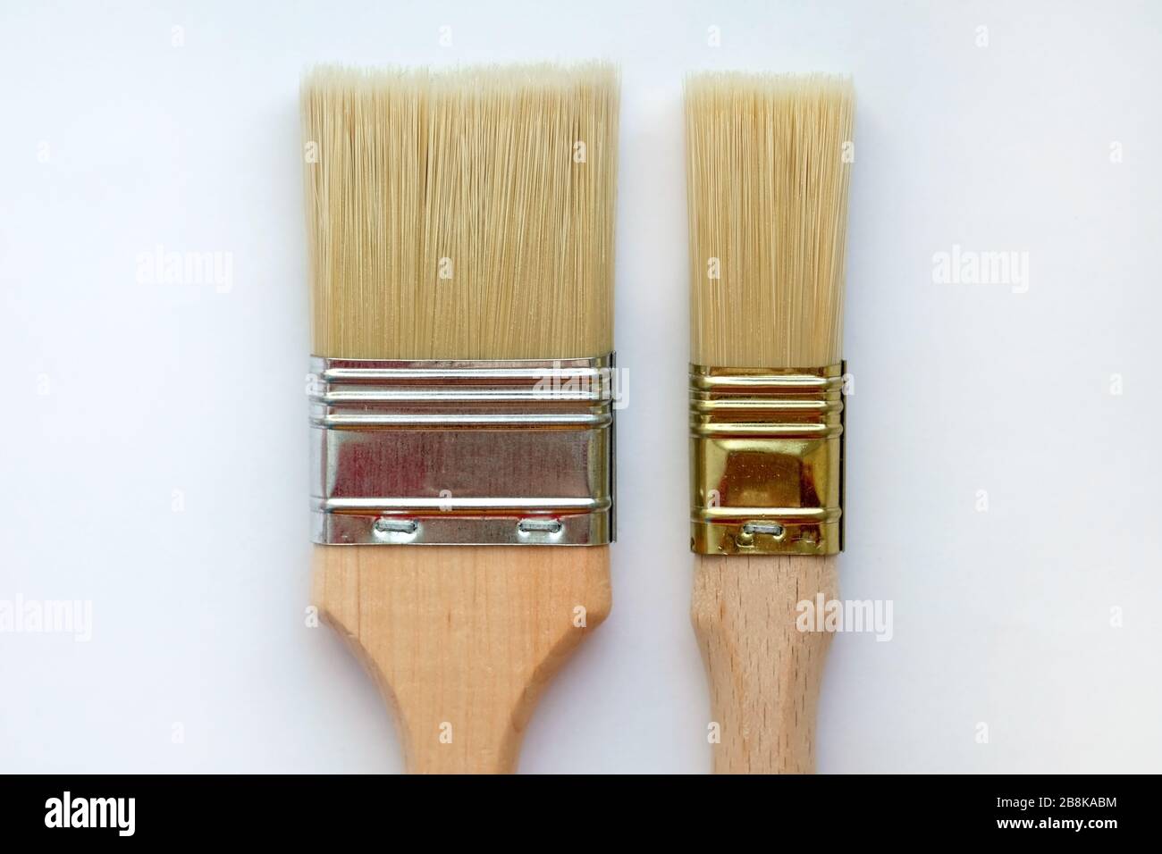 A wide paint brush and a small one on a white background top view ...