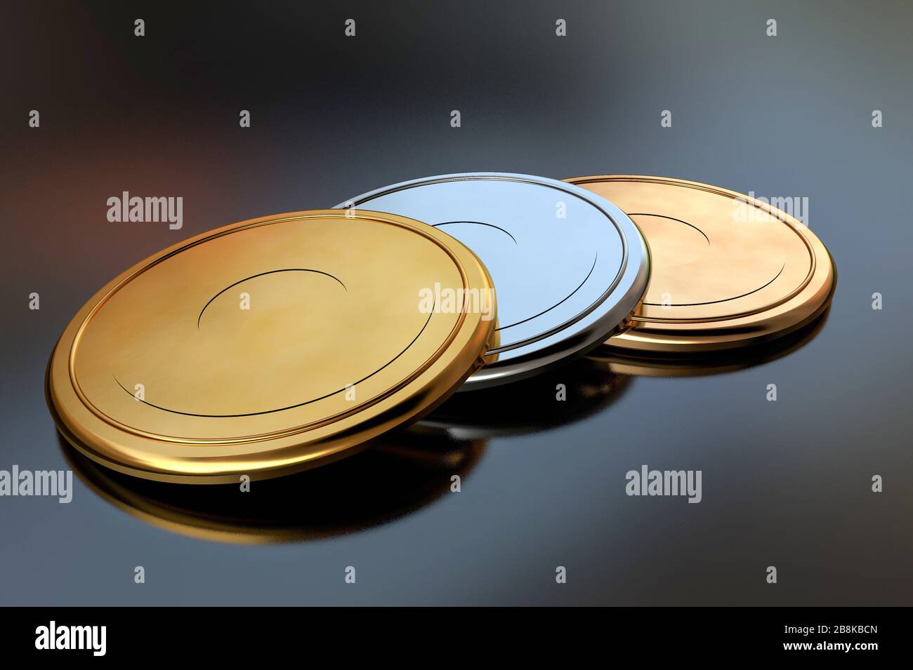 3D illustration with gold, silver and bronze discs on a reflective ...