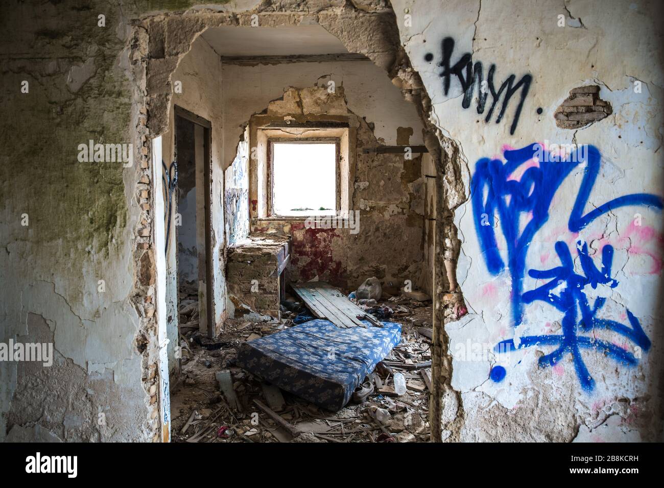 Bedroom Interior of the Ruins of an Abandoned Empty Brick House in the ...