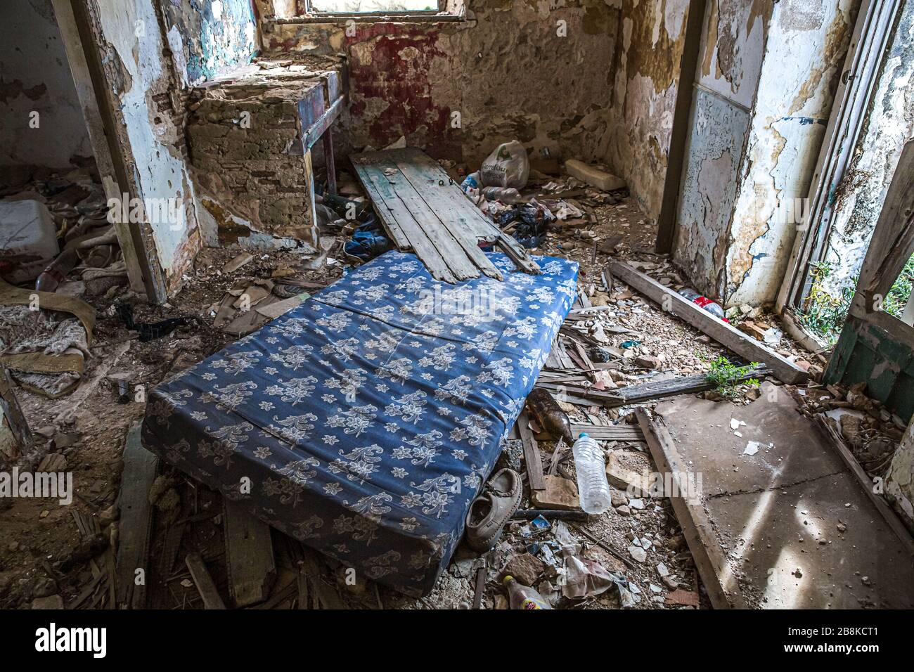 Bedroom Interior of the Ruins of an Abandoned Empty Brick House in the ...