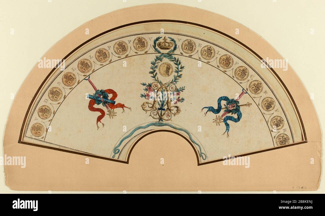 Engraving fan-shaped decorated with the emblems of royalty and then ...