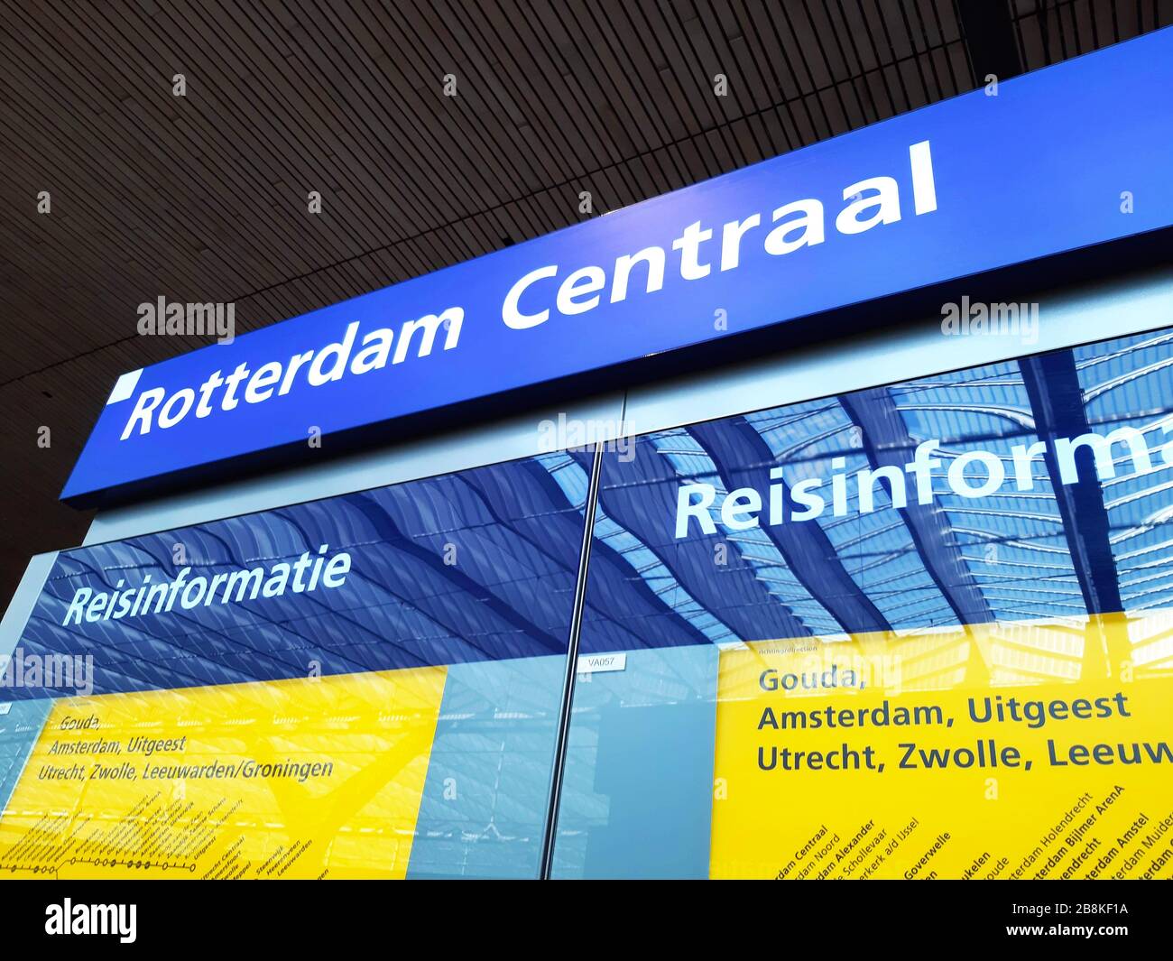 information sign for rail transport journeys in rotterdam station in ...