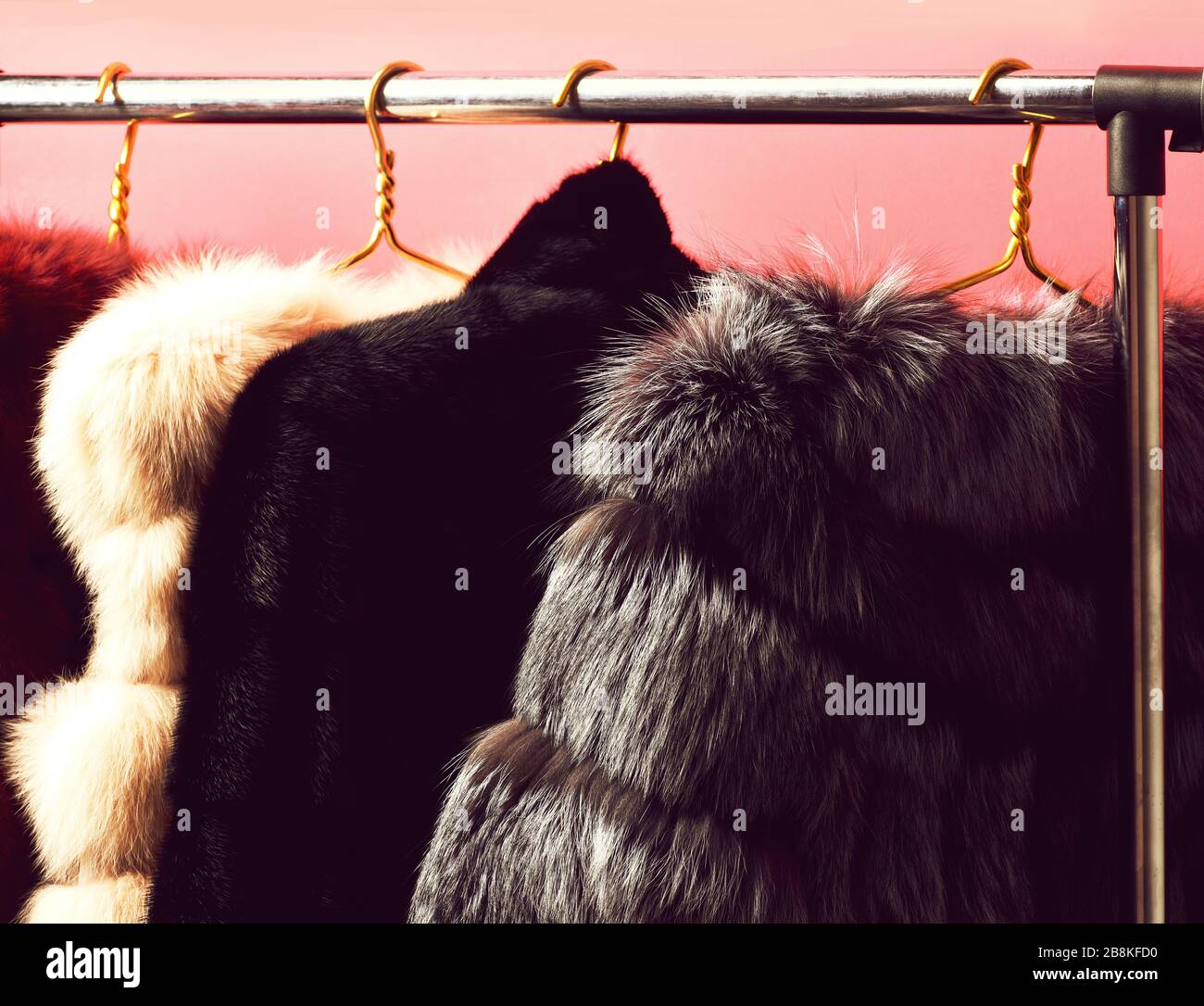 fashionable luxurious waist coats of fur hanging on rack on golden ...
