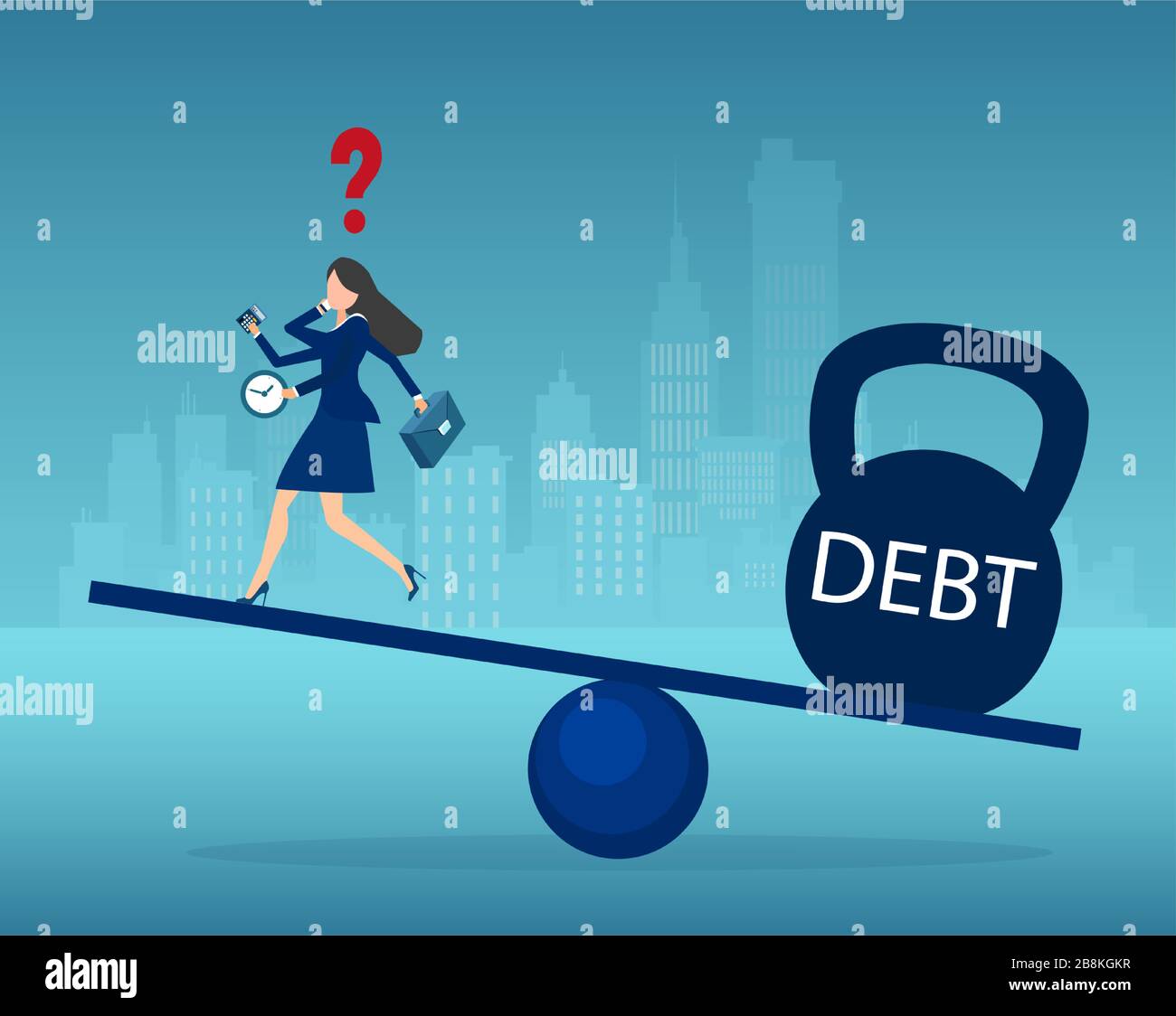 Vector of a busy businesswoman balancing with heavy debt financial ...