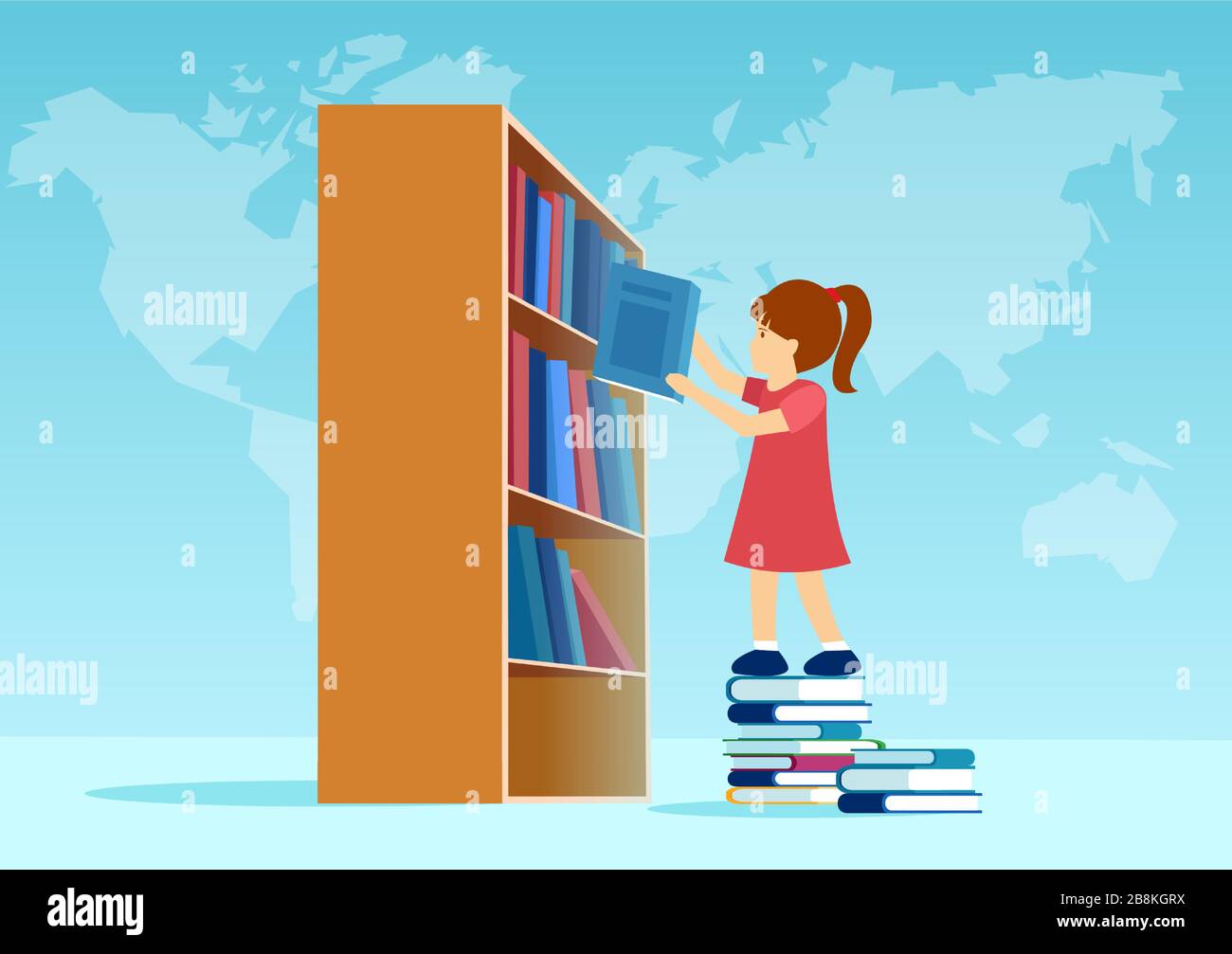 Vector of little girl picking up a book on a bookshelf Stock Vector ...