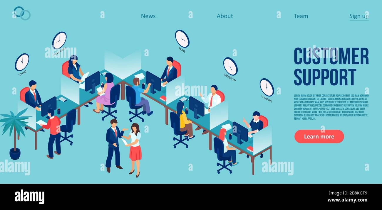 Vector of a customer service center and team of employees advising ...