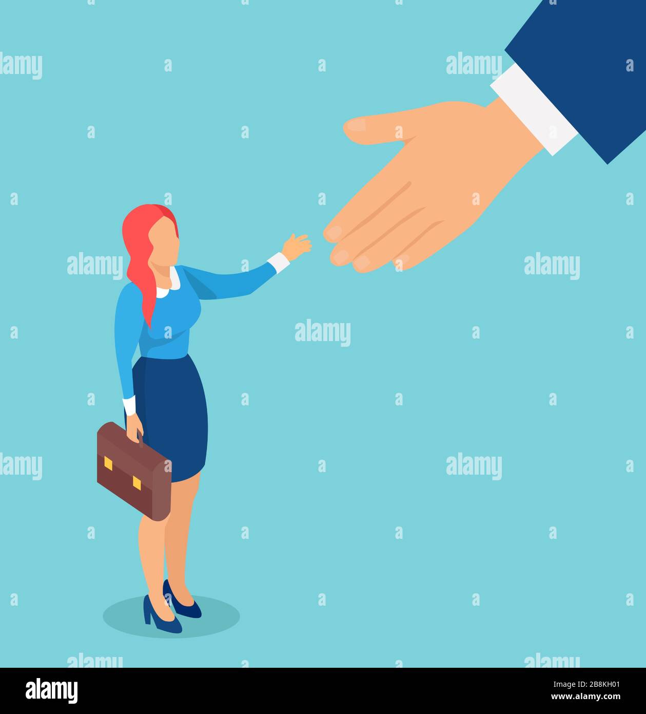 Vector of a beginner businesswoman being supported by a big business ...