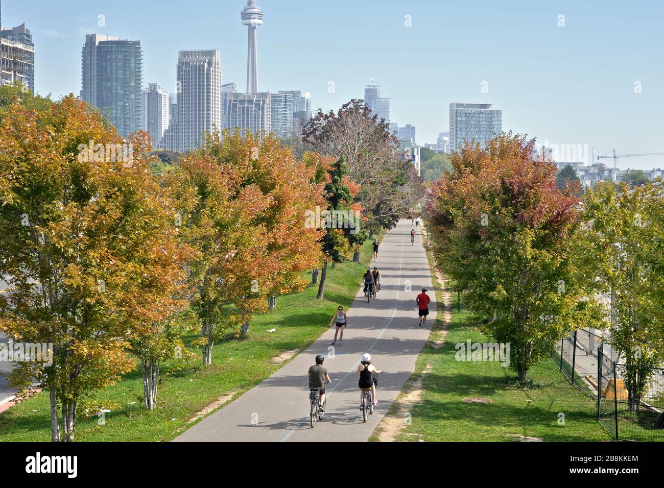 riding the bicycles in the park with Toronto cityscape background Stock ...