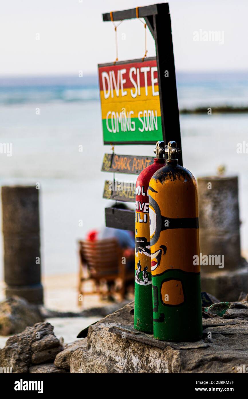 Scuba dive site coming soon with cylinders painted as minions Stock ...