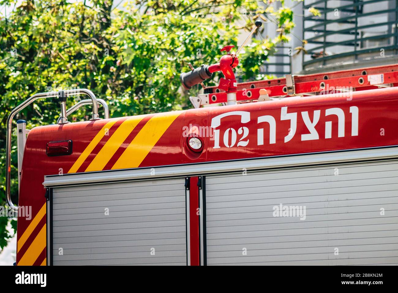 Tel Aviv Israel July 22, 2019 View of a Israeli fire truck parked in ...