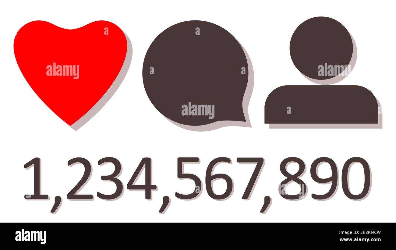 Likes, comments and subscribers count icons with shadows and digits ...