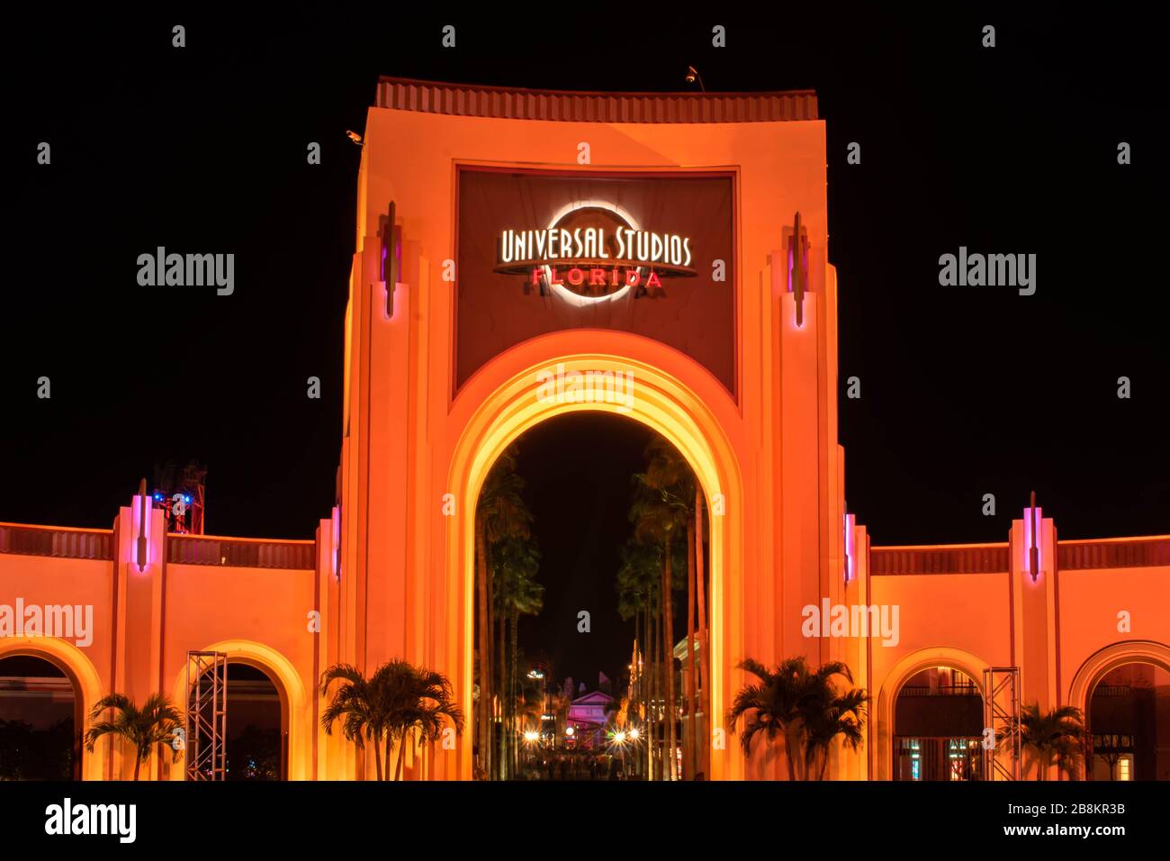 Orlando, Florida. February 12, 2020. Illuminated Universal Studios arch ...