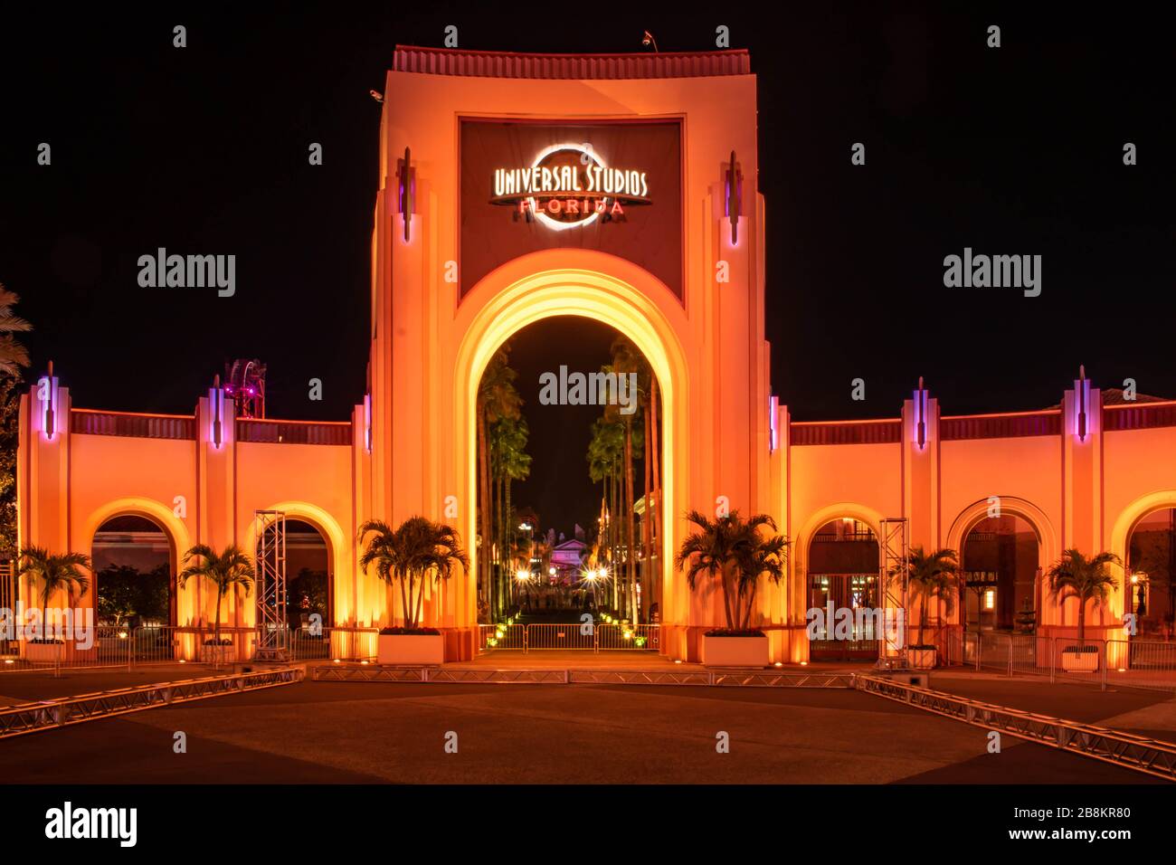 Orlando, Florida. February 12, 2020. Illuminated Universal Studios arch ...
