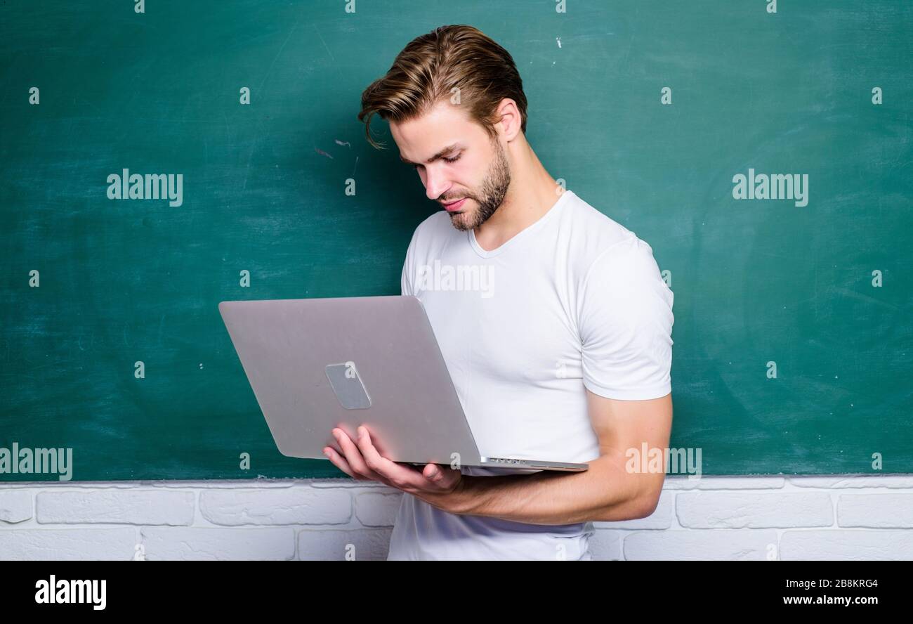 Online communications. Security online life. School teacher with laptop ...