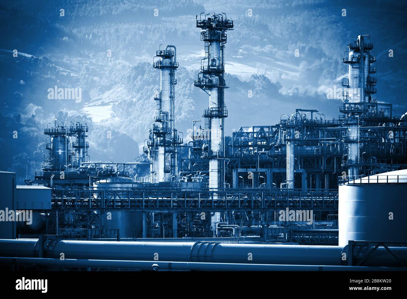 View of an Oil Refinery Plant. Color of the year 2020 classic blue ...