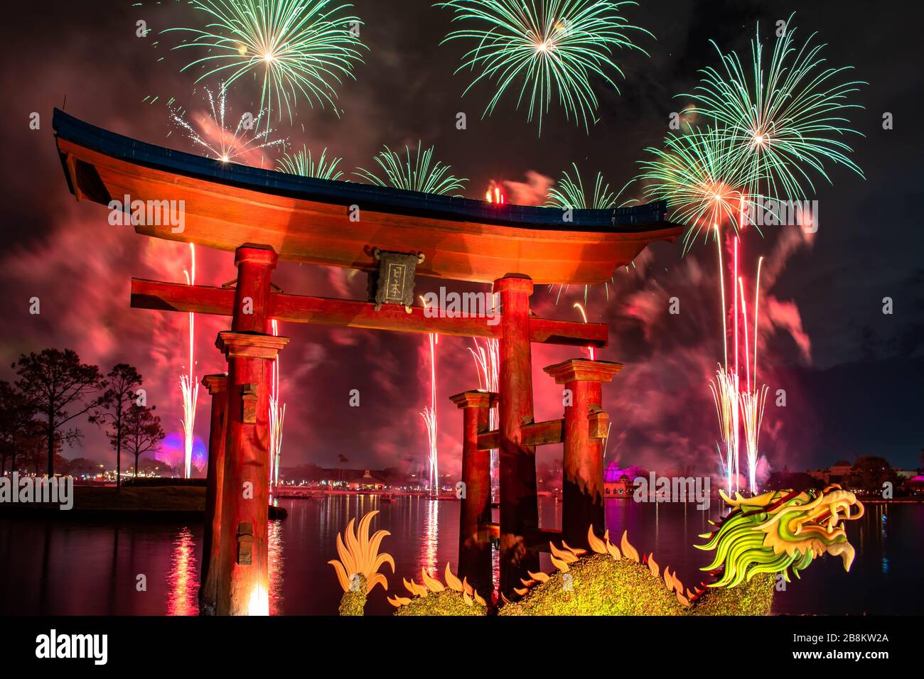 Orlando, Florida. March 11, 2020. Colorful fireworks, japanese arch and ...