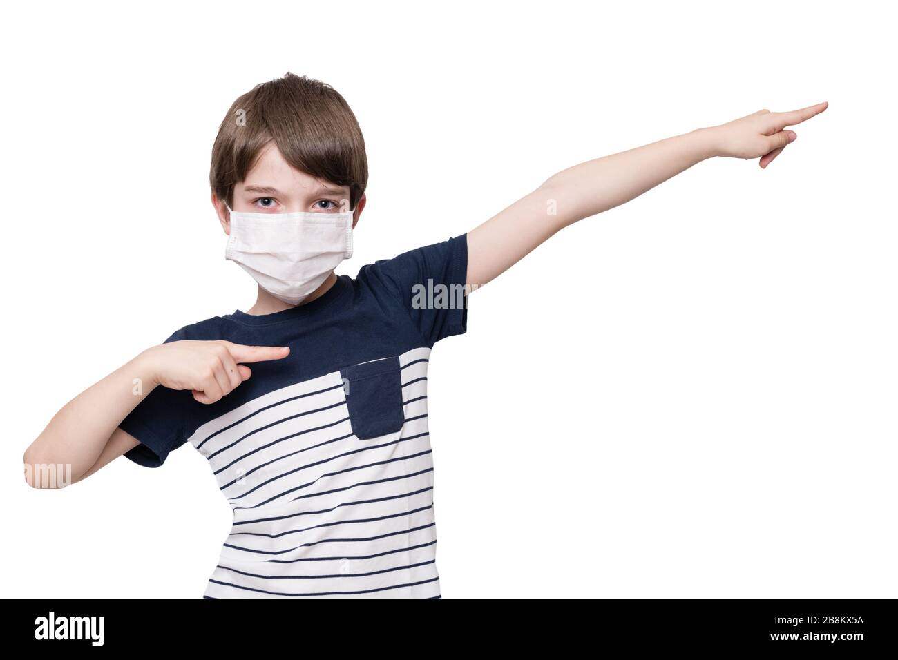 Little boy with face mask doing lightning bolt gesture with his hands ...