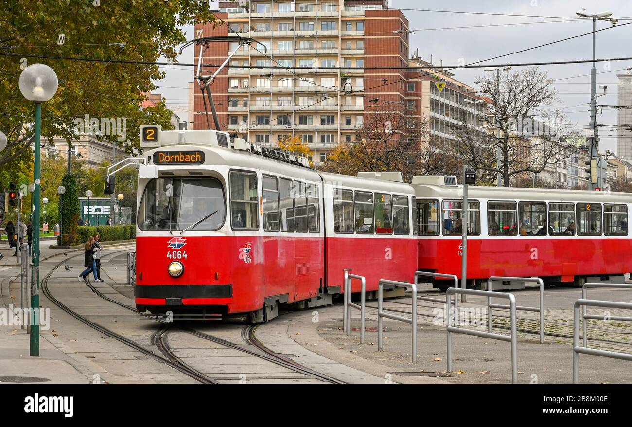 VIENNA, AUSTRIA - NOVEMBER 2019: Electric tram running on a street in ...