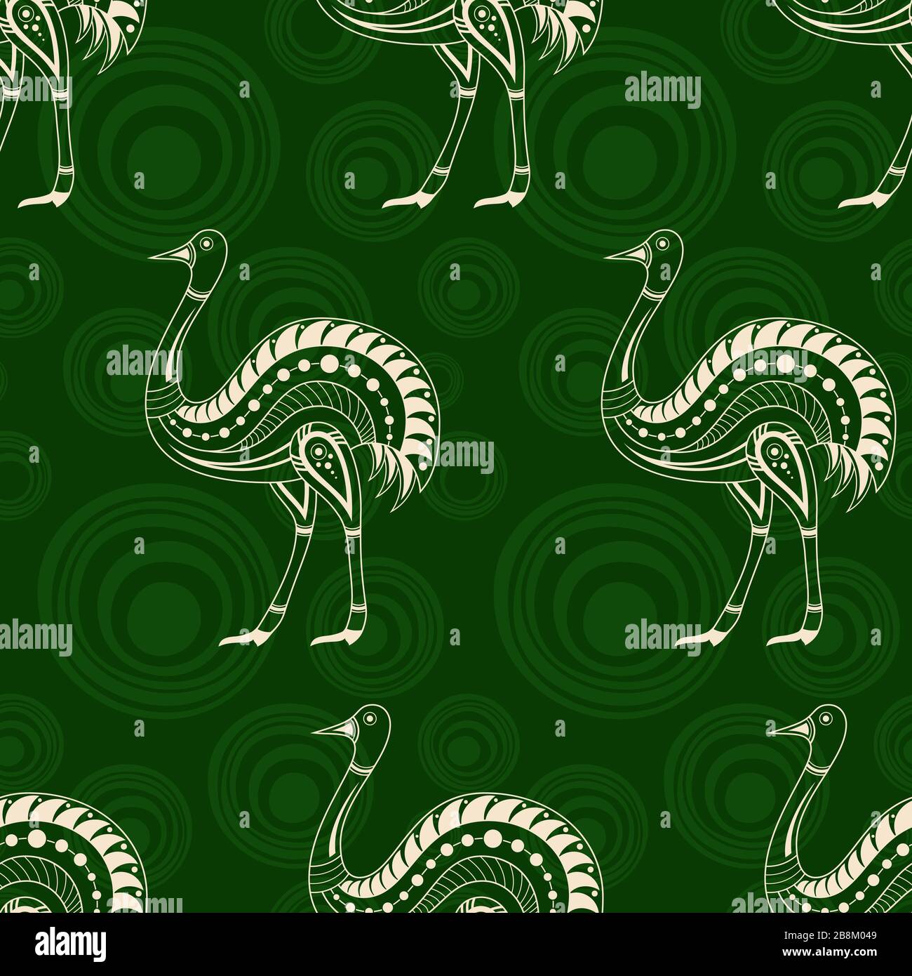 Seamless pattern of ostrichs silhouettes with abstract circles on green ...