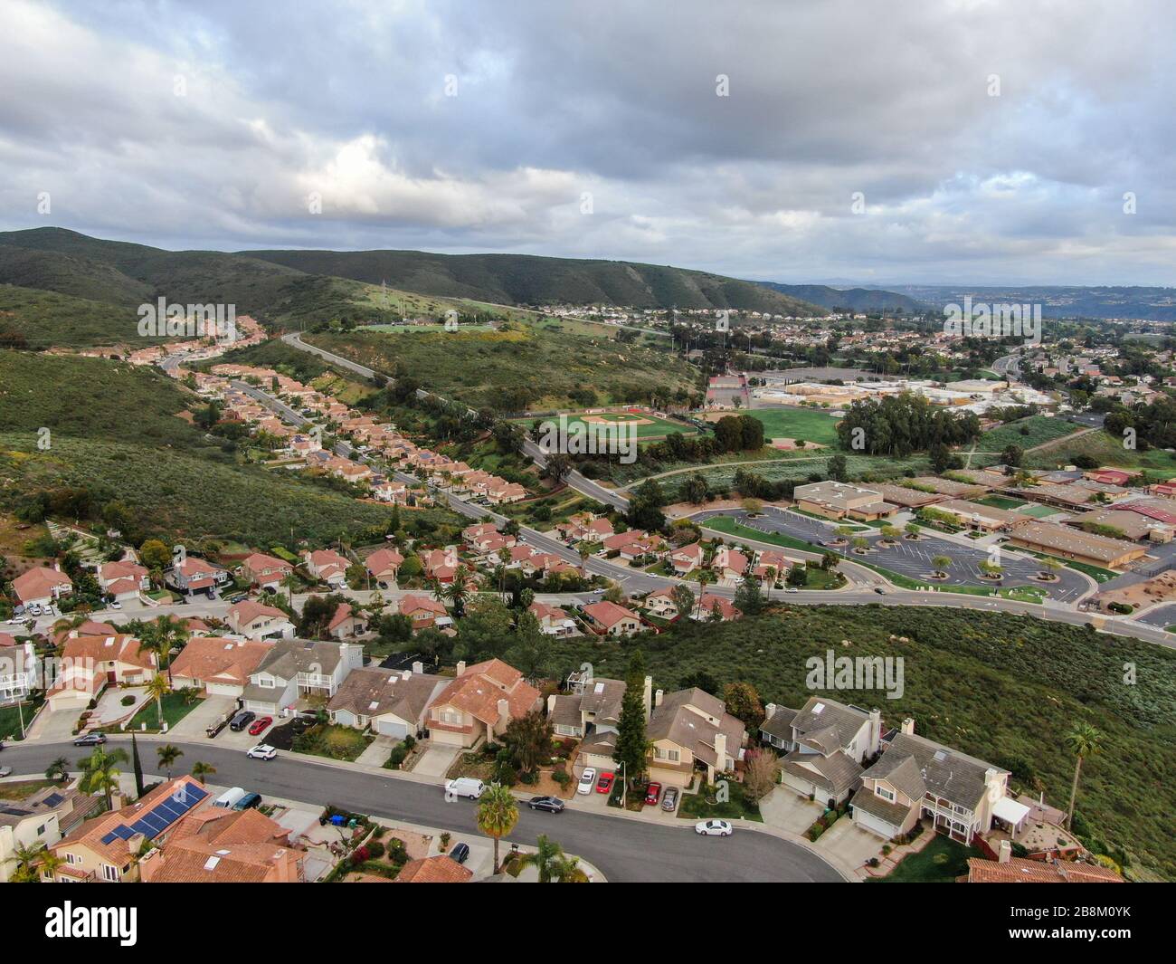 Aerial view of upper middle class neighborhood with residential ...