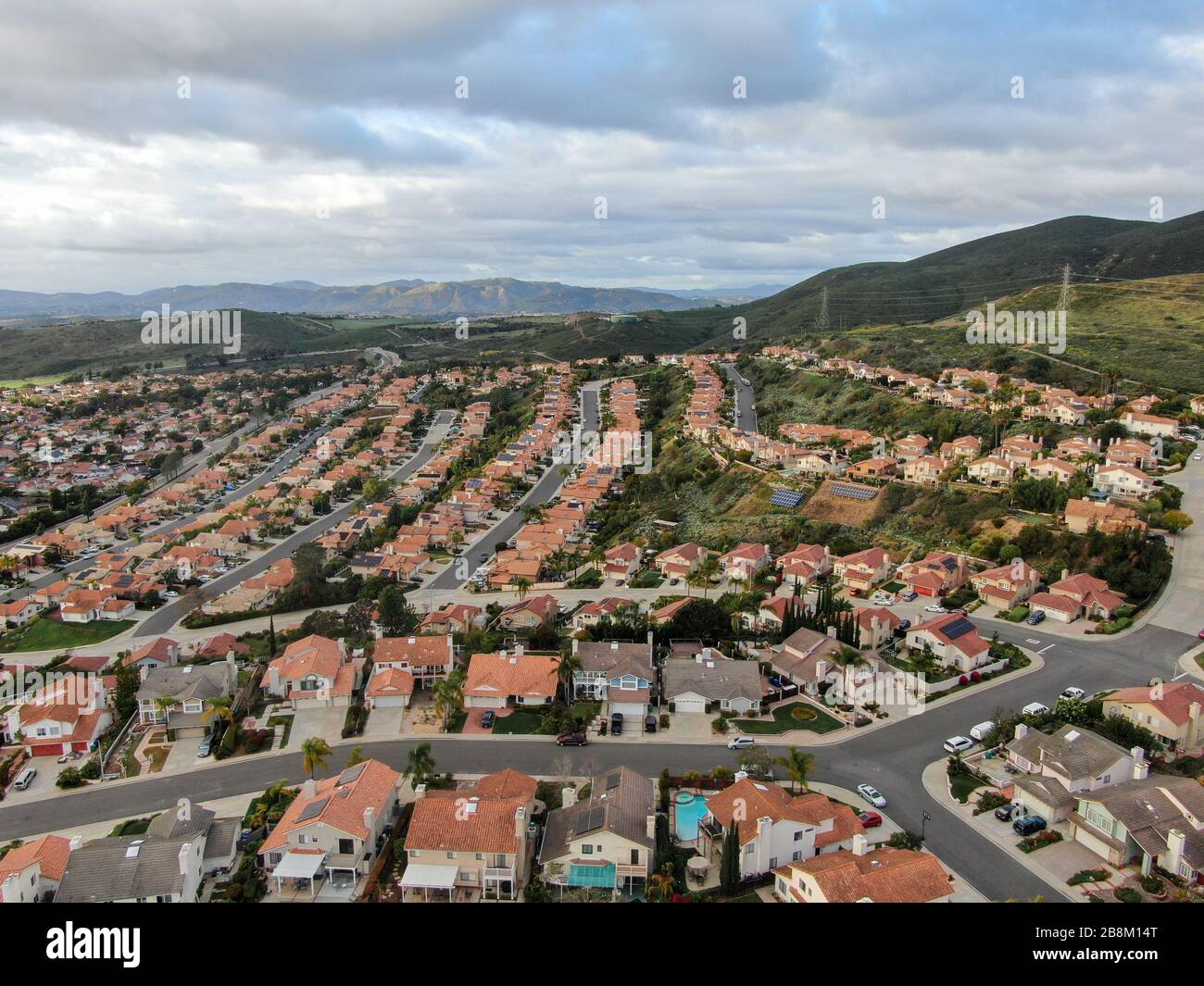 Aerial view of upper middle class neighborhood with residential ...