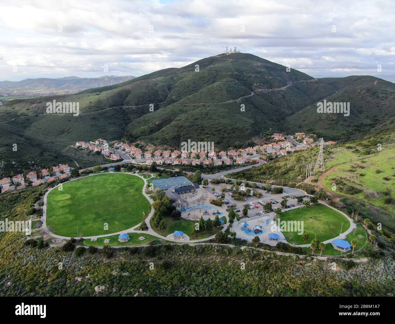 Aerial view of small community park in upper middle class neighborhood ...