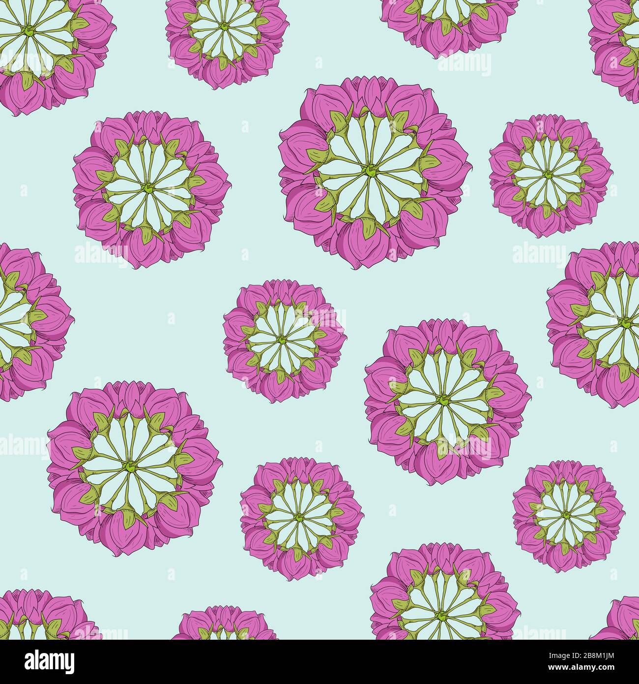 Buds of pink flowers arranged in a circle. Floral pattern on a light ...