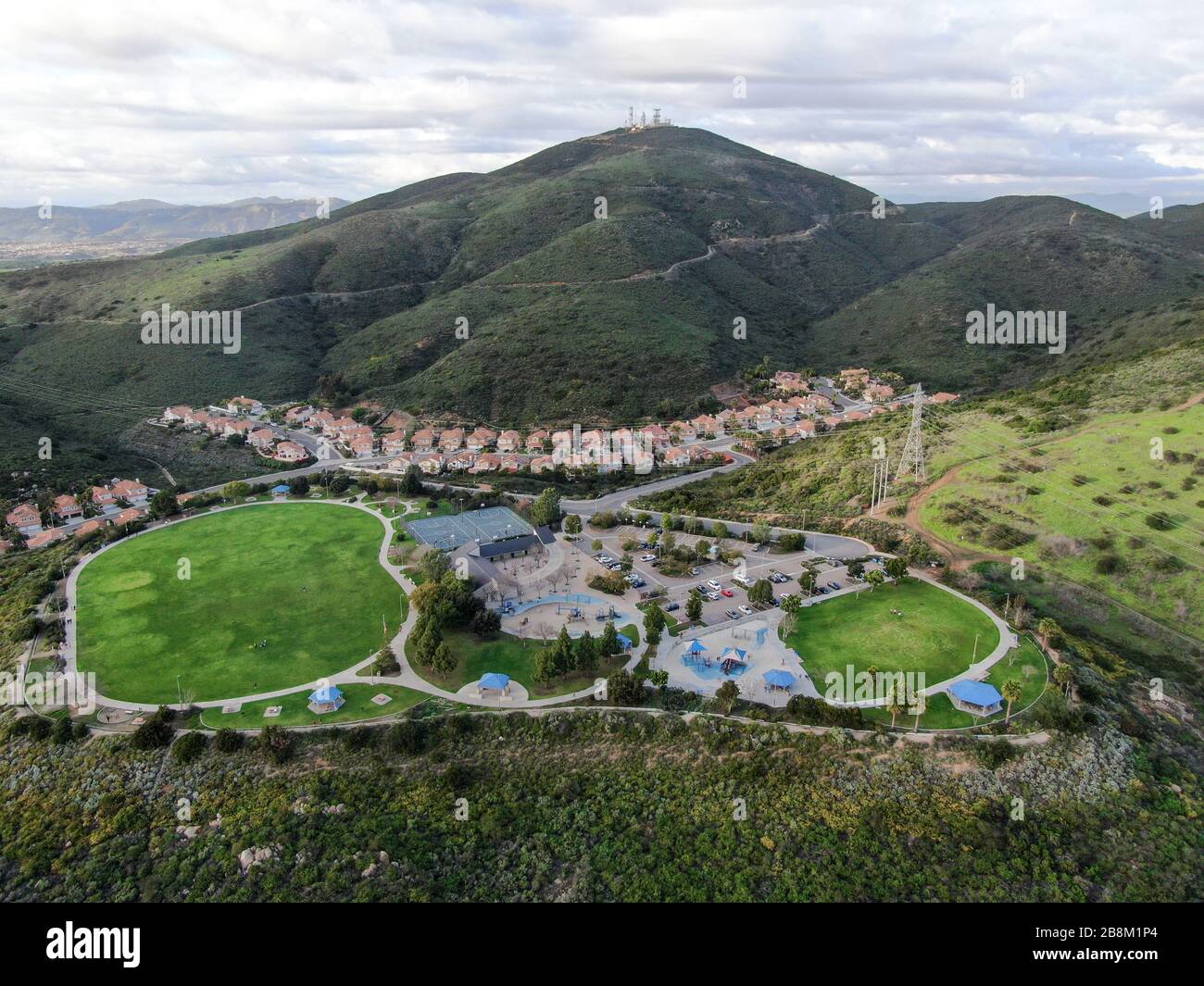 Aerial view of small community park in upper middle class neighborhood ...