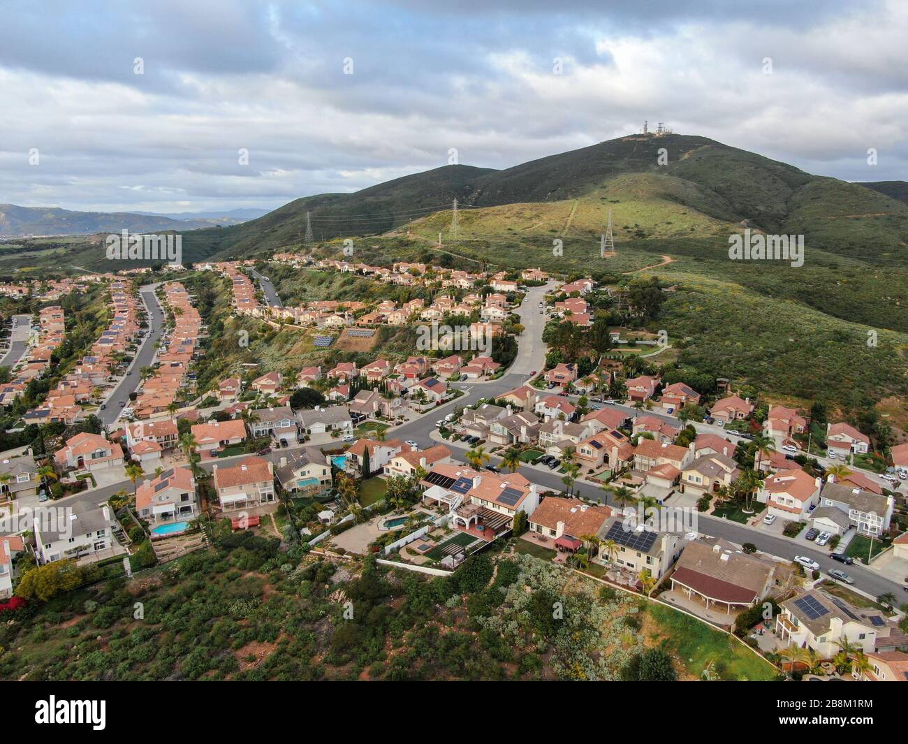 Aerial view of upper middle class neighborhood with residential ...