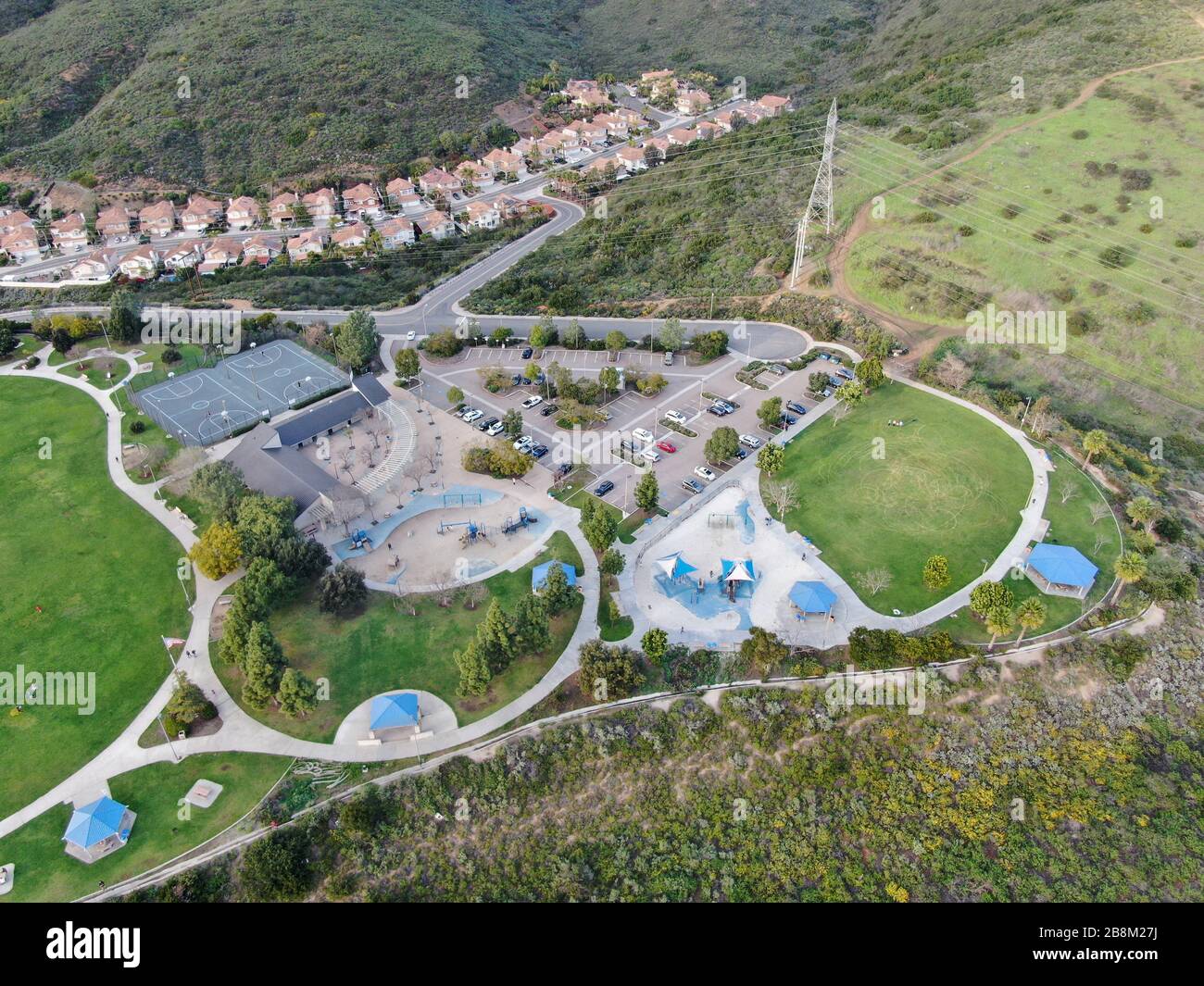 Aerial view of small community park in upper middle class neighborhood ...