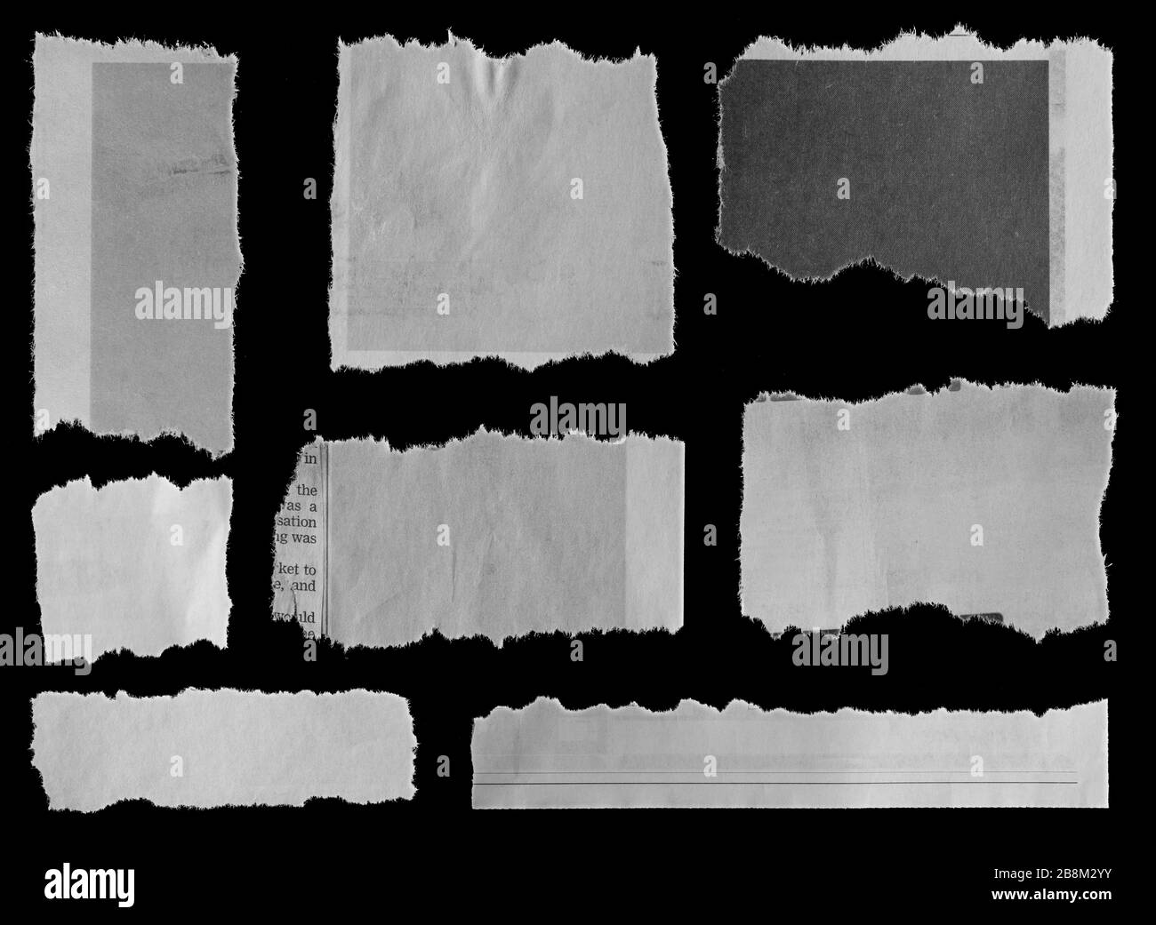 Eight pieces of torn newspaper on black background Stock Photo - Alamy