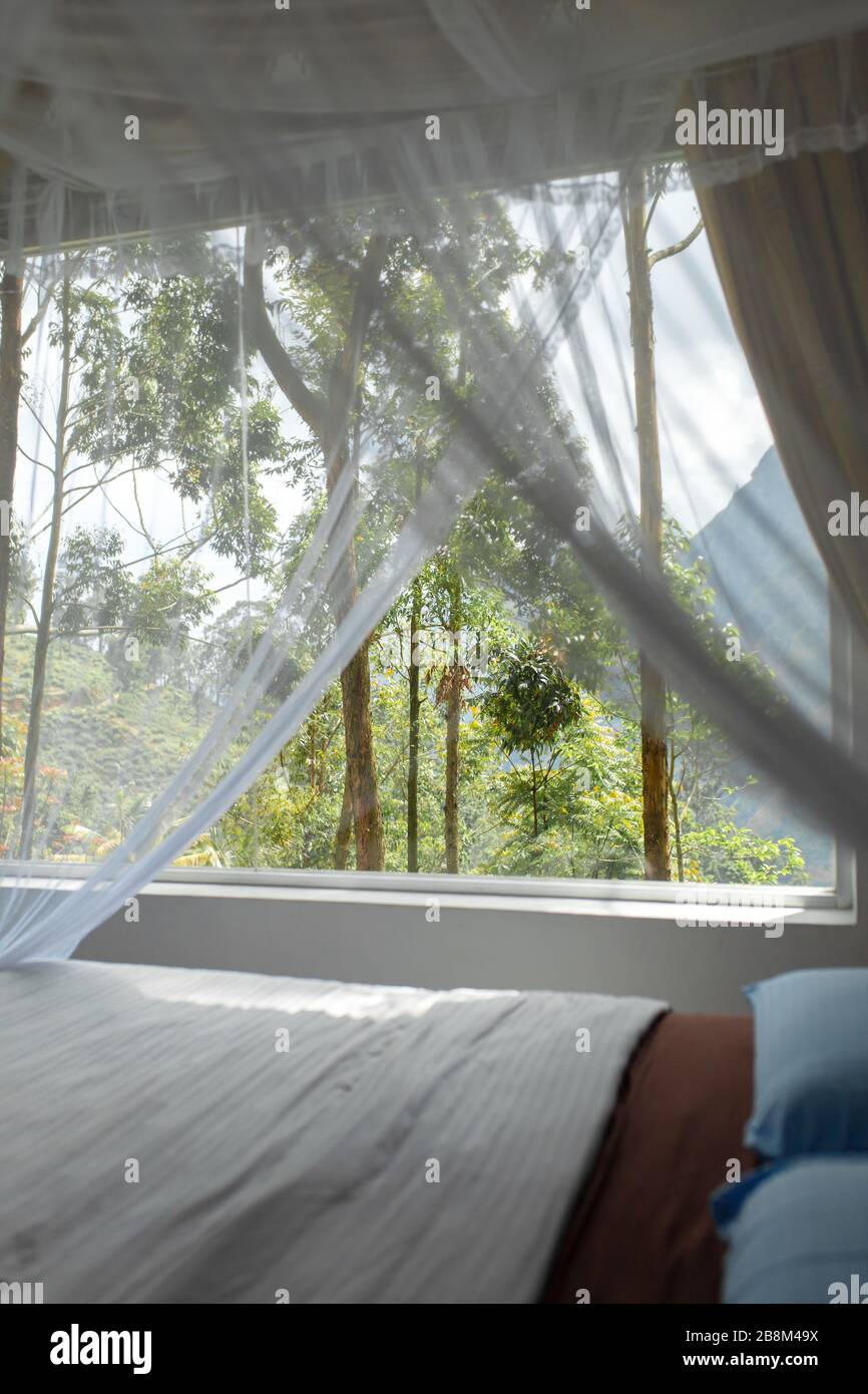 Hotel interior with large panoramic window and view of Mount Stock ...