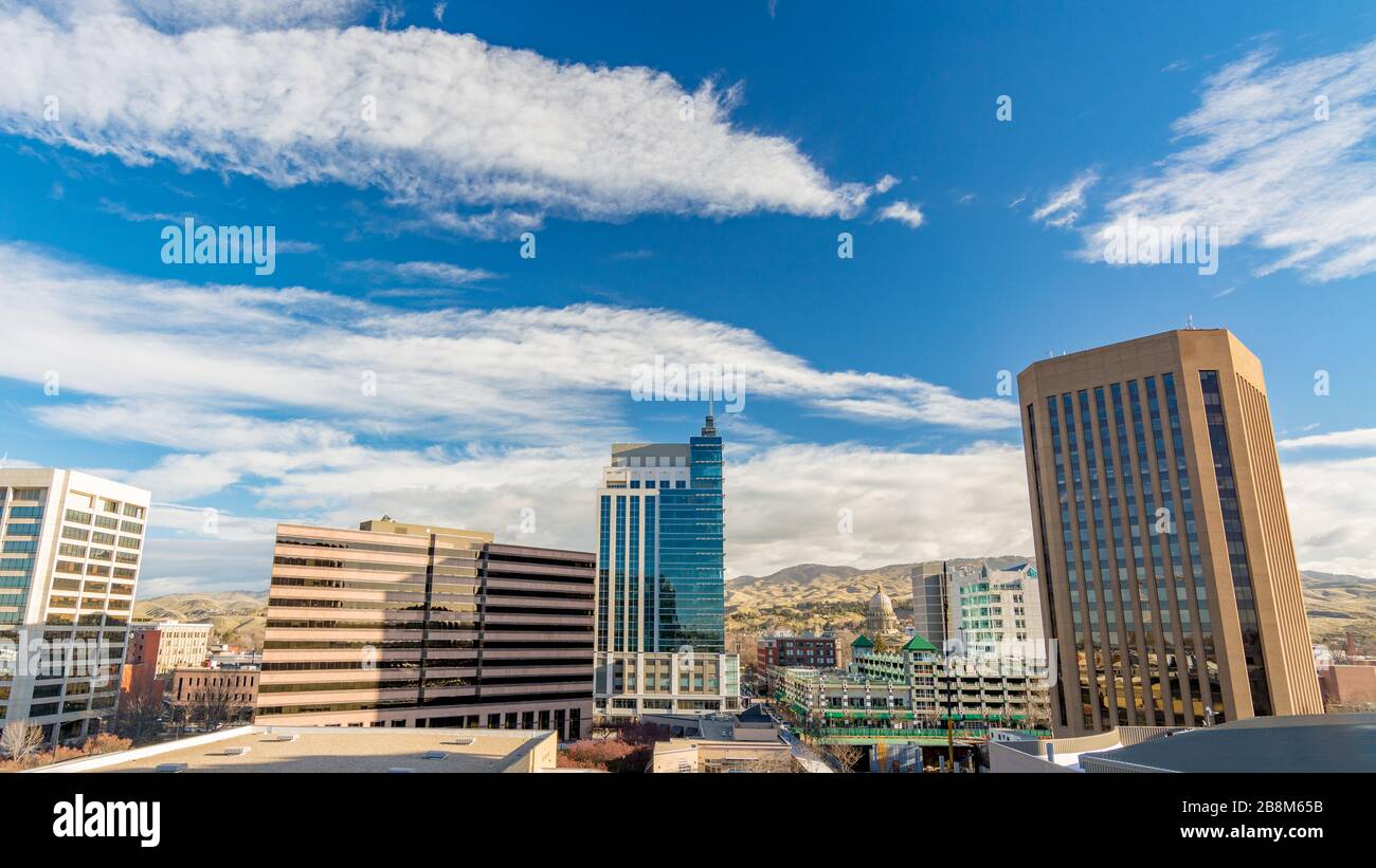 Unique perspective of Boise Idaho downtown tall buildings and capital ...