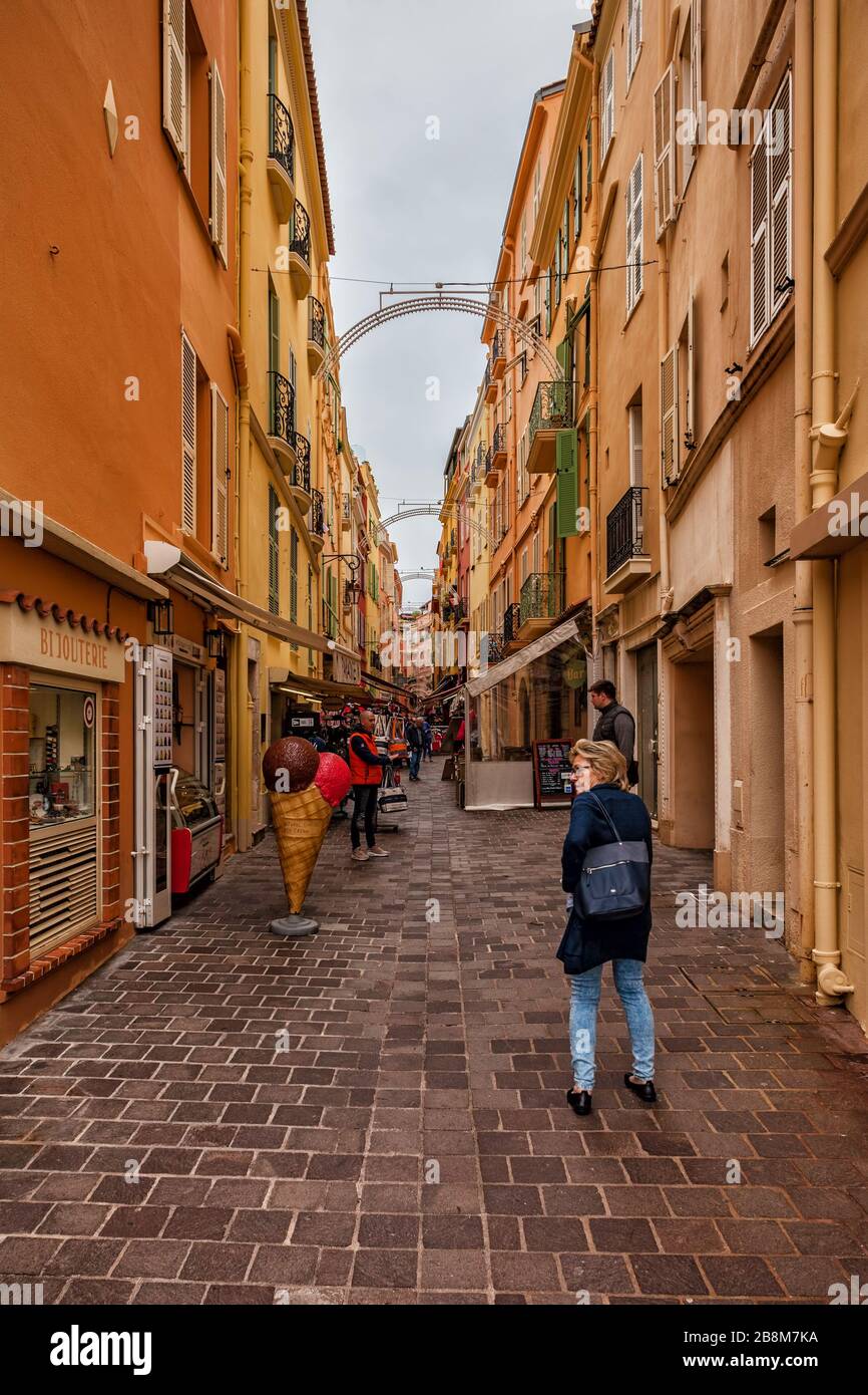 Monaco Principality - April 15, 2018: Pedestrian street in Monaco-Ville ...