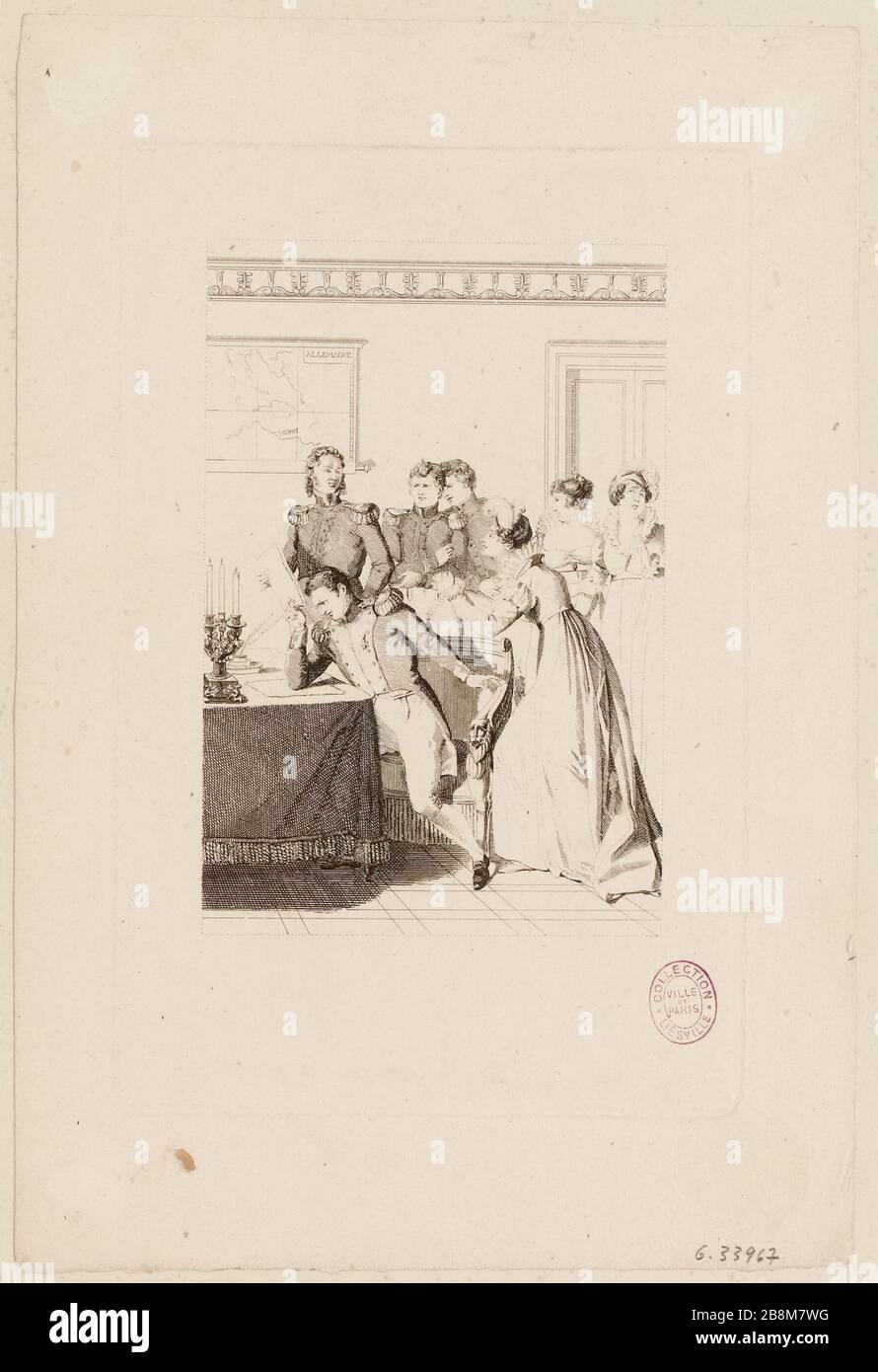 Napoleon, seated, holding a document, surrounded by three court ladies ...