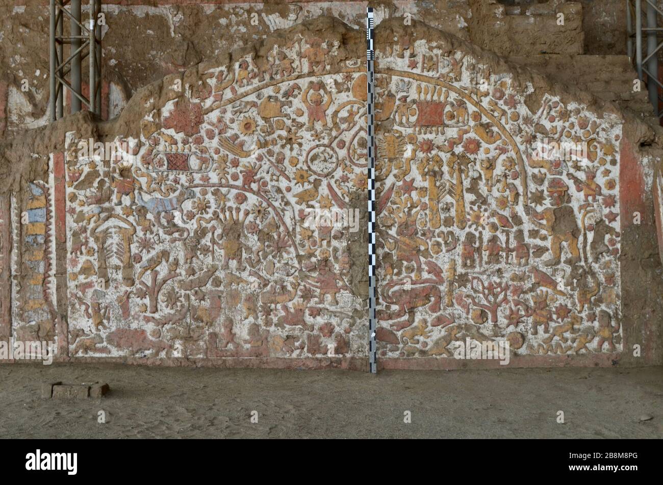 Decorative reliefs of the mural of the myths in Huaca de la Luna. Moche ...